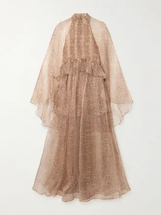 Zimmermann Robe Longue En Organza De Soie À Imprimé Léopard Et À Volants Memento - Crème