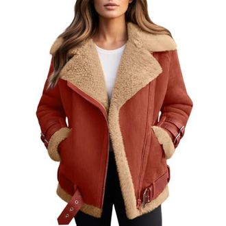 Minetom Blouson Aviateur Femme Hiver Veste En Polaire Chaude Manteau en Fausse Fourrure Blouson pour Motard A Rouge XXL