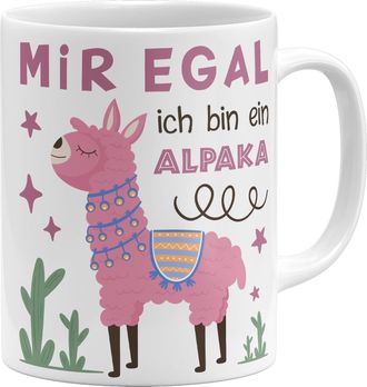 OM3 lustige Alpaca Lama Kaffee-Tasse mit Spruch - Mir egal ich bin ein Alpaka - Keramik Becher - 325ml - Beidseitig Bedruckt - Weiss