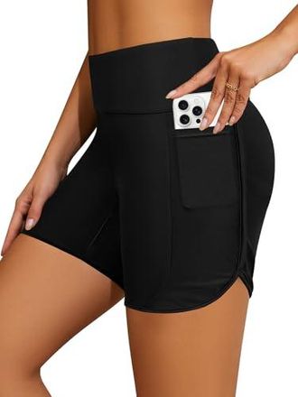 SHEKINI Short de Bain Femme &agrave; S&eacute;chage Rapide &Eacute;t&eacute; Maillot de Bain Taille Haute avec Slip Int&eacute;rieur et Poche El&eacute;gant Contr&ocirc;le du Ventre Short Sport