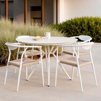 Sklum Set aus runder Tisch &Oslash;100 cm aus Aluminium Valerie und 4 stapelbaren Gartenst&uuml;hlen mit Armlehnen aus Aluminium und synthetischem Gardenia Wei&szlig;