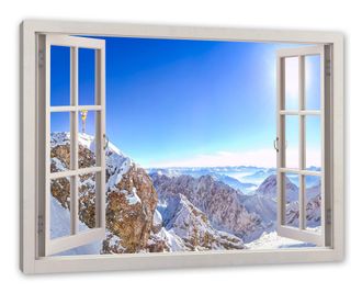 Pixxprint Zugspitze im Sonnenlicht, Fenster, Größe: 120x80cm, Leinwandbild, fertig gespannt, Wandbild, Dekoration, Kunstdruck, kein Poster