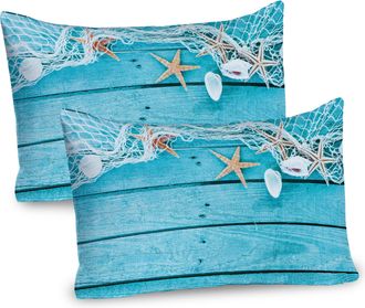 Abakuhaus maritim Kissenbezug Packung mit 2, Nautische Elemente Seesterne Muscheln und Net auf Bemalte Holzbohlen Bild, Dekorativer Standard Gedruckter Kissenbe