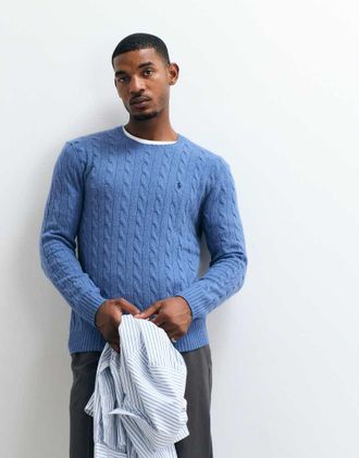 Polo Ralph Lauren pull en laine &agrave; torsades avec logo icon bleu