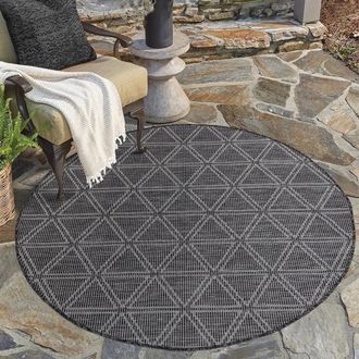Carpet City Outdoor Teppich Terrasse Wetterfest - 120x120 cm Rund - Balkonteppich Schwarz - Geometrisches Muster - In-& Outdoor Teppiche f&uuml;r Veranda, Garten, K&uuml;ch