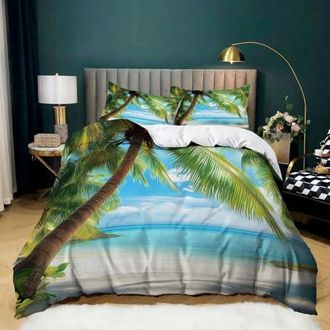 Generic Housse de Couette Cocotiers Plage Tropicale 180 x 200 cm, Vert Microfibre Parure de Lit avec 2 Taies doreiller pour 2 Personnes D&eacute;coration de Chambre 