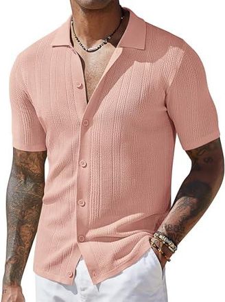 Generic Chemise en tricot &agrave; manches courtes pour homme, tendance, &eacute;t&eacute;, plage, d&eacute;contract&eacute;, boutonn&eacute;, vintage, polo en tricot, rose, XXL