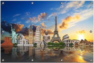 Wallario Outdoor-Poster f&uuml;r Garten oder Balkon Weltwunder auf einen Blick, Motivbanner Gr&ouml;&szlig;e: ca. 80 x 120 cm, Outdoor-Bild