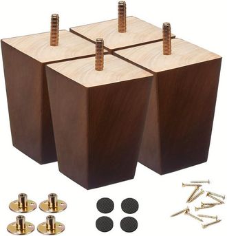 Generic M&ouml;belbeine aus Holz, 3/4/5/6 Zoll, Sofa-Set mit 4 quadratischen braunen Couch-Ersatzf&uuml;&szlig;en(4 inch-4PCS)