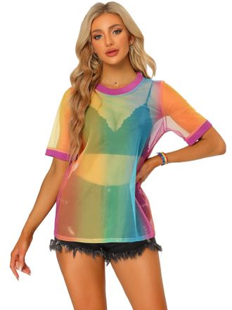 Allegra K Damen T-Shirt Kurzarm L&auml;ssig Durchsichtig Mesh Regenbogen Oberteil Rosa XL