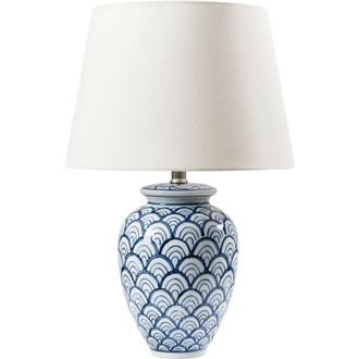 Beliani Lampe &agrave; Poser en Porcelaine Base Abat-Jour en Lin avec Motif &Eacute;clairage Salon Chambre Bleu et Blanc Jauca