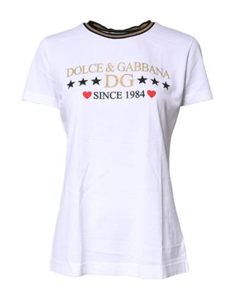 Dolce & Gabbana Womens White Printed Round Neck Top Cotton T-Shirt