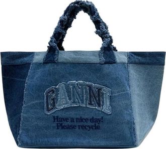 Ganni Femme, Sacs, Bleu, Taille: ONE Size Sac cabas en denim avec logo brod&eacute;