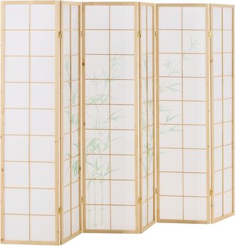 Homestyle4u Paravent Raumteiler 5-teilig aus Naturholz, Reispapier mit grünem Bambusmotiv, dekorativer Spanische Wand und Sichtschutz | Artikel 267