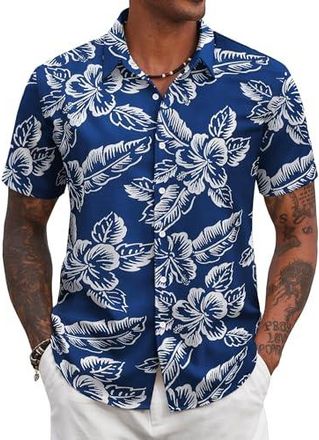 Coofandy Chemise Hawaienne Homme Chemise a Fleur Chemises Manche Courte Plage Chemises Ete Fleurs Marine/Feuille XL