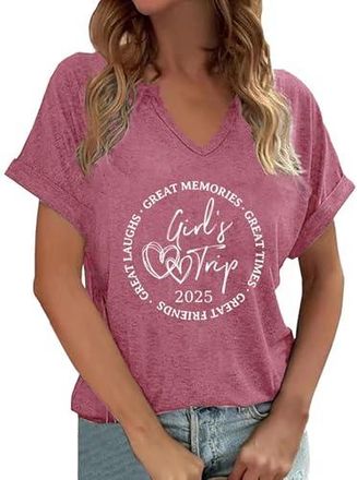 Generic T-shirt d&eacute;t&eacute; ample pour femmes 2025 avec col en V pour femmes, haut de gym, sorties, t-shirt graphique d&eacute;contract&eacute;, mignon, vacances, t-shirts basique