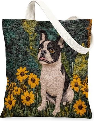 Generic Sac fourre-tout en toile motif de chien terrier de Boston printanier, 33 x 38,1 cm, style tricot&eacute;, sac d&eacute;picerie r&eacute;utilisable pour femme, peinture est