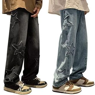 Generic Jean large pour homme - Style r&eacute;tro - &Eacute;l&eacute;gant - Coupe droite - Avec motifs &eacute;toiles - Style classique Y2K - Pour skateboard - Tendance - Hip Hop - Bagg