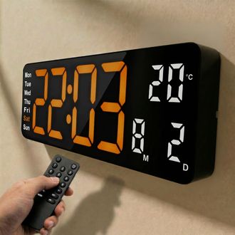 Opis Technology Clock 1 XL - Digitale Wanduhr - Retro LED Wand Uhr mit Fernbedienung, Timer & Wecker, Temperaturanzeige, dimmbares Display, Orange/Wei&szlig;