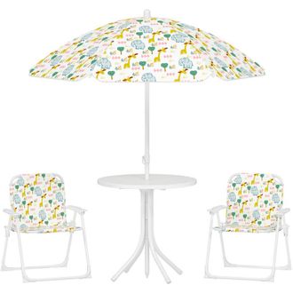 OUTSUNNY Ensemble salon de jardin enfant pliable 2 places 4 pi&egrave;ces motif vie de la savane blanc