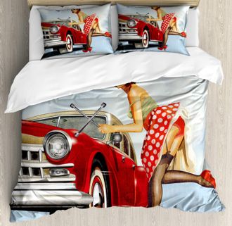 Abakuhaus Pin up Girl Bettbezugs Set Für Doppelbetten, Lady Zur Festsetzung des Autos, Weicher Microfaserstoff Allegigeignet kein Verblassen, 230 x 220 cm,Mehrf