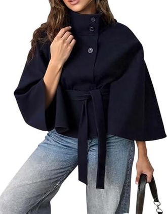 Minetom Poncho Femme Cape El&eacute;gante Automne Hiver Ch&acirc;le Couleur Unie Bouton Manteau avec Ceinture B Bleu XS