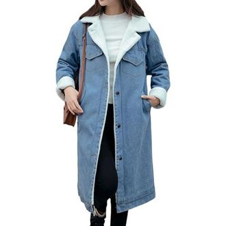 Generic Veste en jean longue doubl&eacute;e en polaire pour femme - Trench - &Eacute;pais - Manteau d&eacute;contract&eacute;, bleu clair, XXL