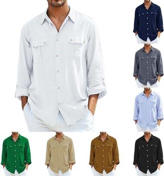 Generic Polo pour homme avec poche de poitrine - Chemise en lin à manches longues - Coupe régulière - Chemise unie légère à boutons - Haut de plage - Col gran
