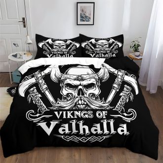 Generic Wikingerschädel Axtmuster Bettwäsche 155x220 cm Schwarz Bettwäsche-Sets Polyester Baumwolle Bettbezug 3 Teilig, Atmungsaktiv Bettwäsche Set mit Reißve