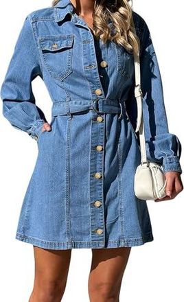 Generic Robe en Jean pour Femme d&eacute;contract&eacute;e &agrave; Manches Longues boutonn&eacute;e Robe en Jean ceintur&eacute;e avec Poches (Bleu Clair,TG)
