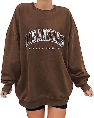 Generic Sweat &agrave; capuche Los Angeles &agrave; col rond pour femme - Motif de dessin anim&eacute; - Vintage - Confortable - Coupe ample - Couleur unie - Col rond surdimension