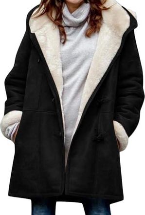Generic Trench &agrave; capuche en daim pour femme, doublure en polaire sherpa, manteau mi-long avec boutons en corne, grande taille S-5XL, v&ecirc;tements dext&eacute;rieur dhiv