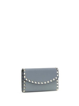 Valentino Garavani Womens Rockstud Chain Wallet Stone Grey Calf Leather Bos Taurus