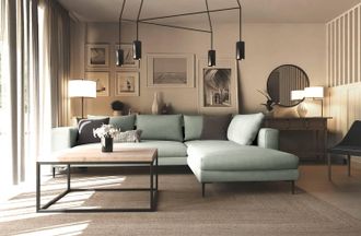 Studio Copenhagen home24 Ecksofa mit Ottomane Silber Webstoff Caya 295 x 83 x 210cm Ottomane davorstehend rechts Modern