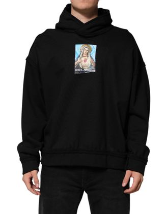 Dolce & Gabbana Mens Black Printed Hoodie Crystal Embellished Jacket Cotton Clothing