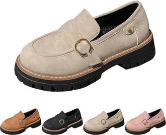 Generic Chaussures à enfiler confortables style britannique rétro pour femme, mocassins à plateforme en daim à bout rond, beige, 38.5 EU