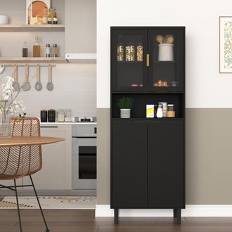Generic Hochschrank 200 cm schwarz mit Glast&uuml;ren verstellbare Einlegeb&ouml;den 4 T&uuml;ren Kippschutz B&uuml;cherschrank Vitrine Aktenschrank Wohnzimmerschrank Buffetschra