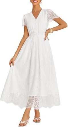 Grace Karin Robes pour femmes col en V A-Line avec &eacute;lastique &agrave; la taille et manches courtes en dentelle, blanc, XL