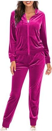 Generic Ensemble 2 pièces en velours pour femme, vêtements de détente, sweat à capuche et pantalon de jogging, survêtement, pull, pantalon, rose vif, S