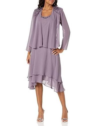 S.L. Fashions Womens Mother of The Bride Dress with Embellished Neckline & Shoulder, Wedding Guest (Petite and Regular Sizes), ICY Orchid, 12P