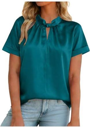 Generic Haut &agrave; Satin avec Brillance pour Femme - Sexy Business Clubwear Club Tops Casual D&eacute;contract&eacute; Aspect Soie Chemise Manches Courtes Blouses Soir&eacute;e &Agrave; Th&egrave;m