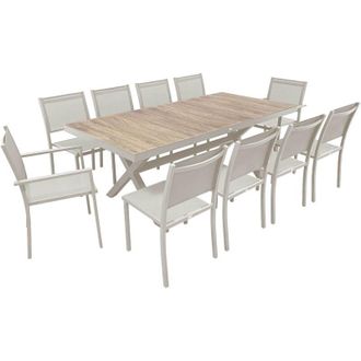 Oviala Table de jardin c&eacute;ramique effet bois 201 cm et 10 chaises cr&egrave;me - Tivoli