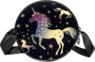 Generic Sac &agrave; bandouli&egrave;re rond pour femme, motif licorne, &eacute;toiles magiques, petit sac &agrave; dos &agrave; bandouli&egrave;re avec fermeture &eacute;clair, bretelles r&eacute;glables, sac &agrave; ma
