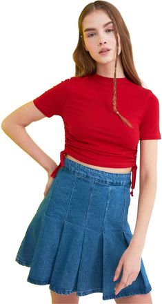 Trendyol Damen Trendyol Shirred gebreide Blouse, Rot, XS EU