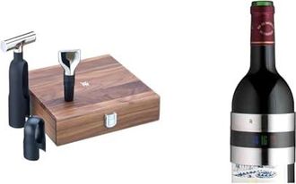 WMF Baric Sommelier Weinset 3-teilig, Korkenzieher & Clever&More Clip-Weinthermometer analog, Cromargan Edelstahl, Schnelle Kontrolle, Thermometer für Rot