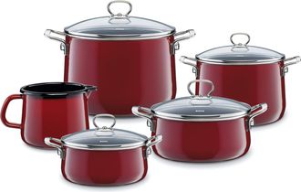 Riess 0584-008, Familien-Set 5-teilig, NOUVELLE - ROSSO EXTRA STARK, bestehend aus: Fleischtopf mit Glasdeckel 16und 20 cm, Kasserolle mit Glasdeckel 16 und
