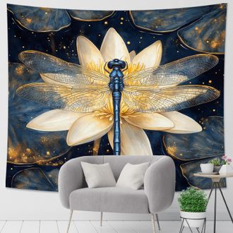Generic Blauer Wandteppich mit Libelle und Seerose, Blume, Natur, b&ouml;hmisch, dekorativer Wandbehang, &auml;therische Wandteppiche, &auml;sthetisch f&uuml;r Schlafzimmer, Wohn