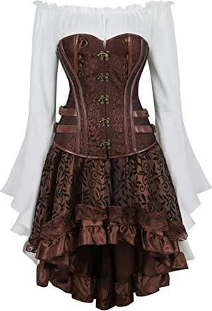 Grebrafan Corset Cuir Sexy et Jupe Pirate Chemisier Costume Bustier Steampunk (EUR(44-46) 4XL, Marron)