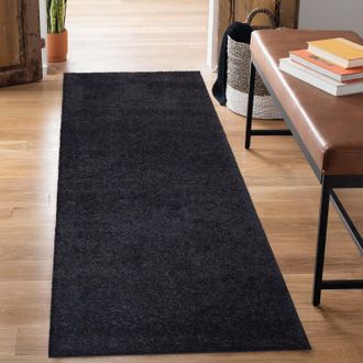 Carpet City Shaggy Hochflor Teppich - Läufer 80x300 cm - Schwarz - Langflor Flurteppich - Einfarbig Uni Modern - Flauschig-Weiche Teppiche Schlafzimmer Deko