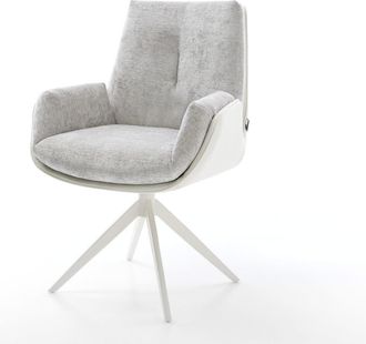 DELIFE Drehstuhl Clea-Flex Materialmix Echtleder Weiß-Silbergrau Kreuzgestell breit Weiß 360° drehbar Wippfunktion, Esszimmerstühle